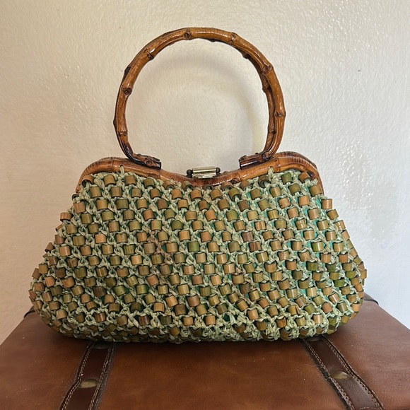 Bags | Vintage Green Woven Handbag With Bamboo Handle | Poshmark